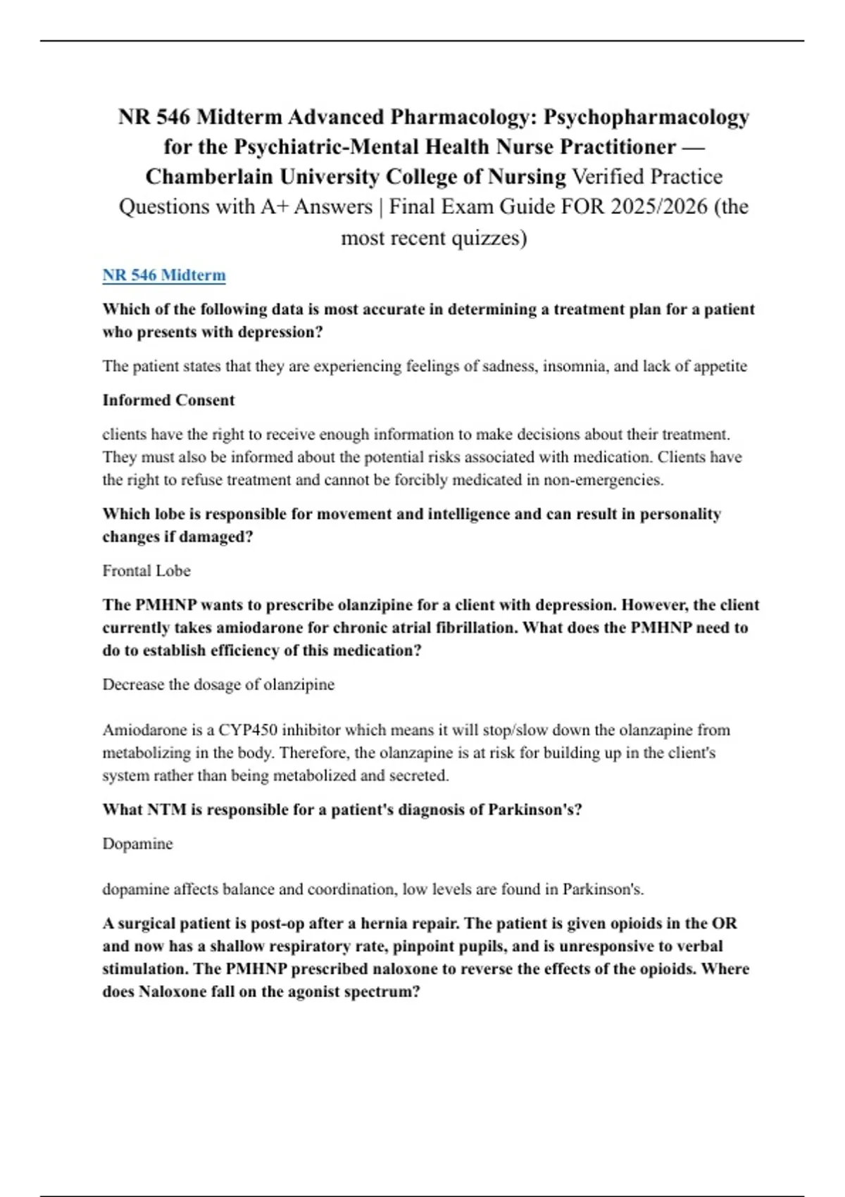 NR 546 Midterm Advanced Pharmacology: Psychopharmacology for the ...