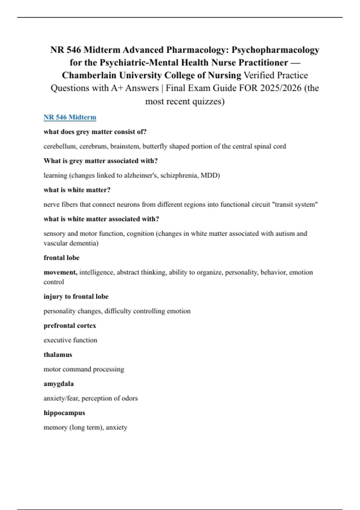 NR 546 Midterm Advanced Pharmacology: Psychopharmacology for the ...