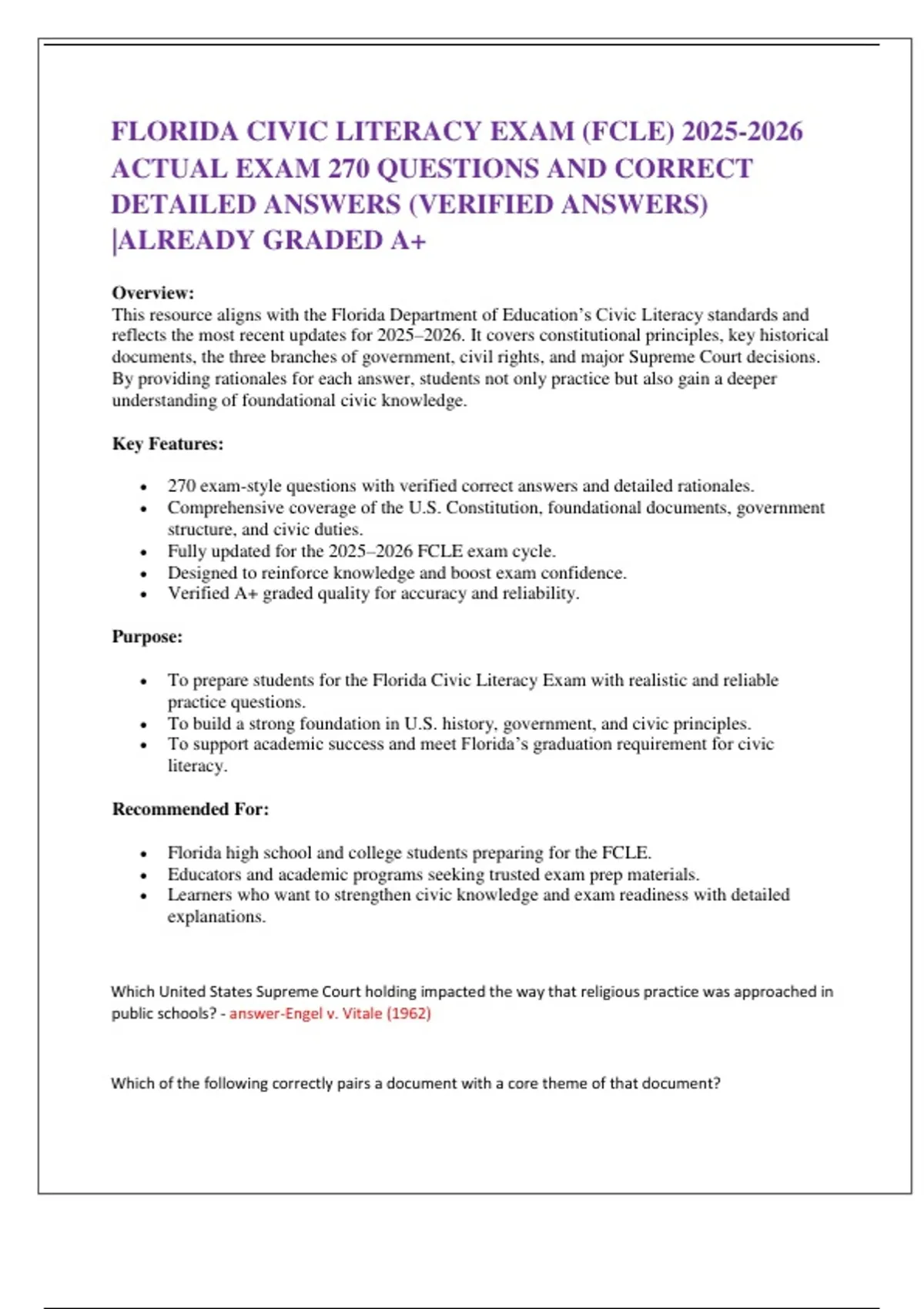 FLORIDA CIVIC LITERACY EXAM (FCLE) ACTUAL EXAM 270 QUESTIONS AND ...