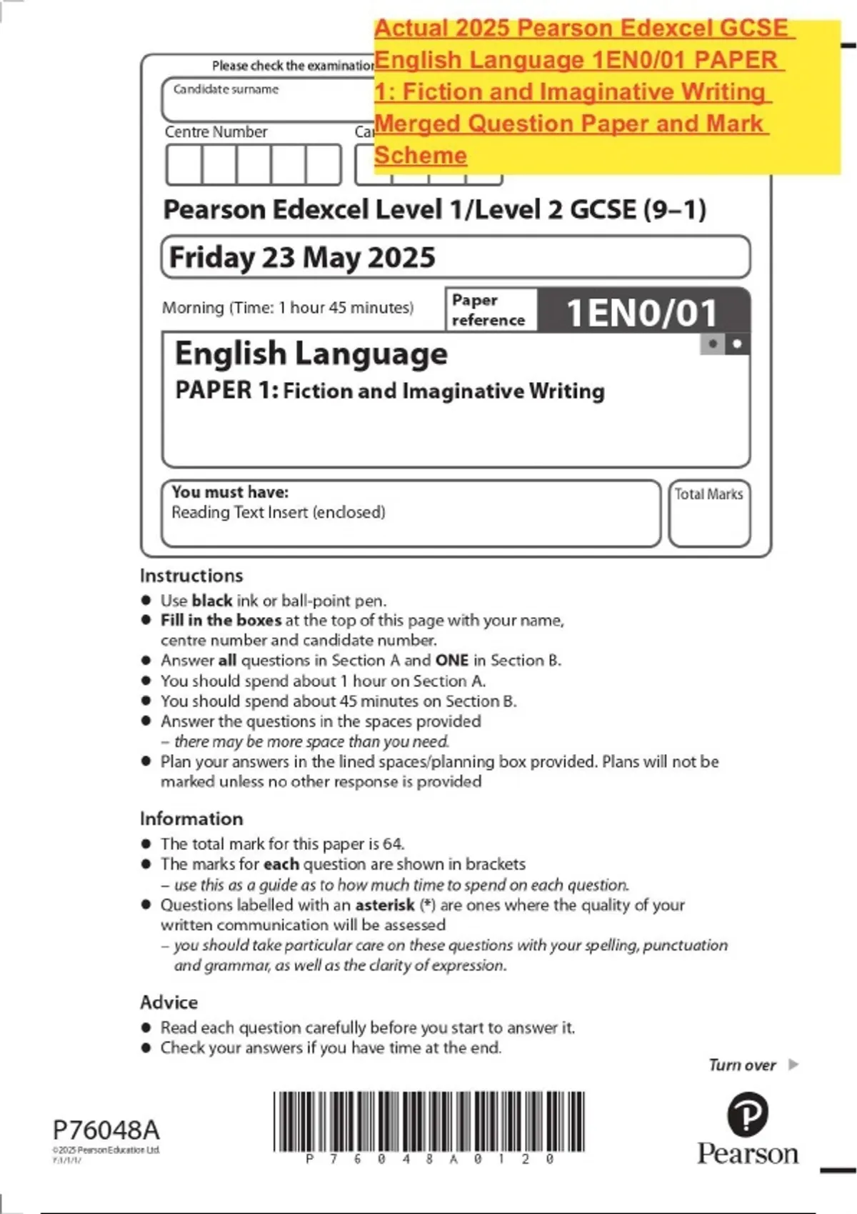 Actual 2025 Pearson Edexcel GCSE English Language 1EN0/01 PAPER 1 ...