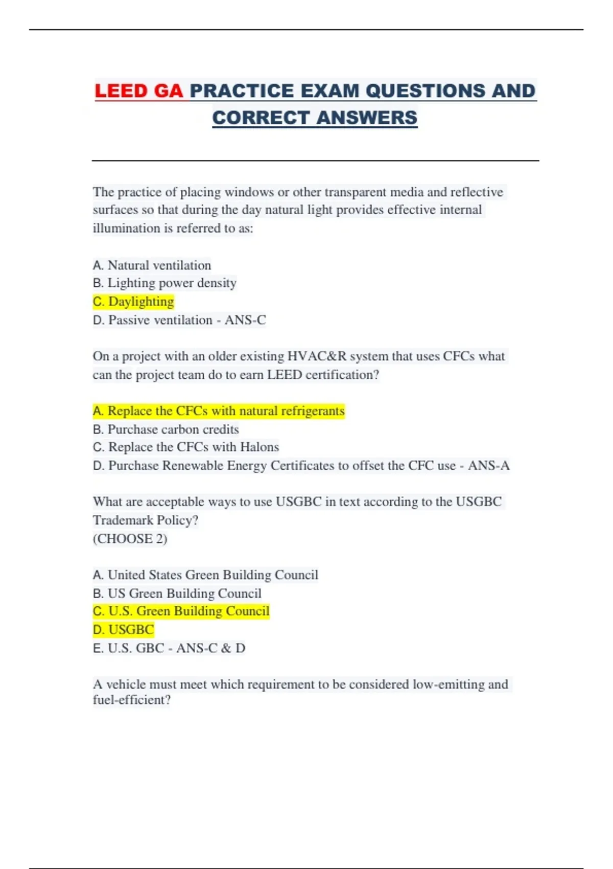 LEED GA Practice Exam – Complete Set of Questions and Correct Answers ...