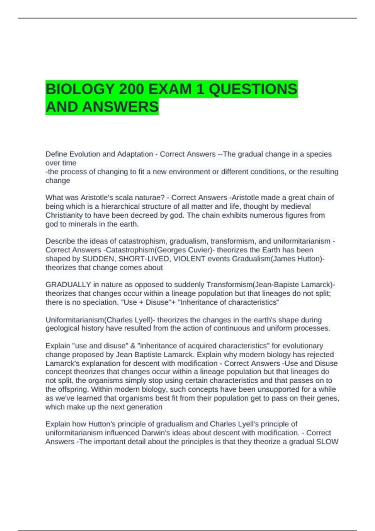 BIOLOGY 200 EXAM 1 QUESTIONS AND ANSWERS - BIO 200 - Stuvia US