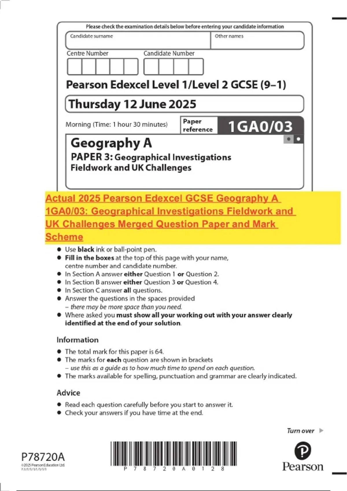 Actual 2025 Pearson Edexcel GCSE Geography A 1GA0/03: Geographical ...