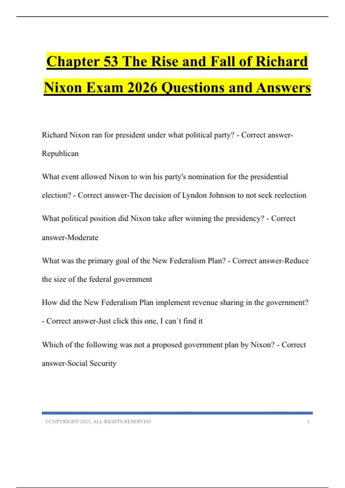 Chapter 53 The Rise and Fall of Richard Nixon Exam 2026 Questions and ...