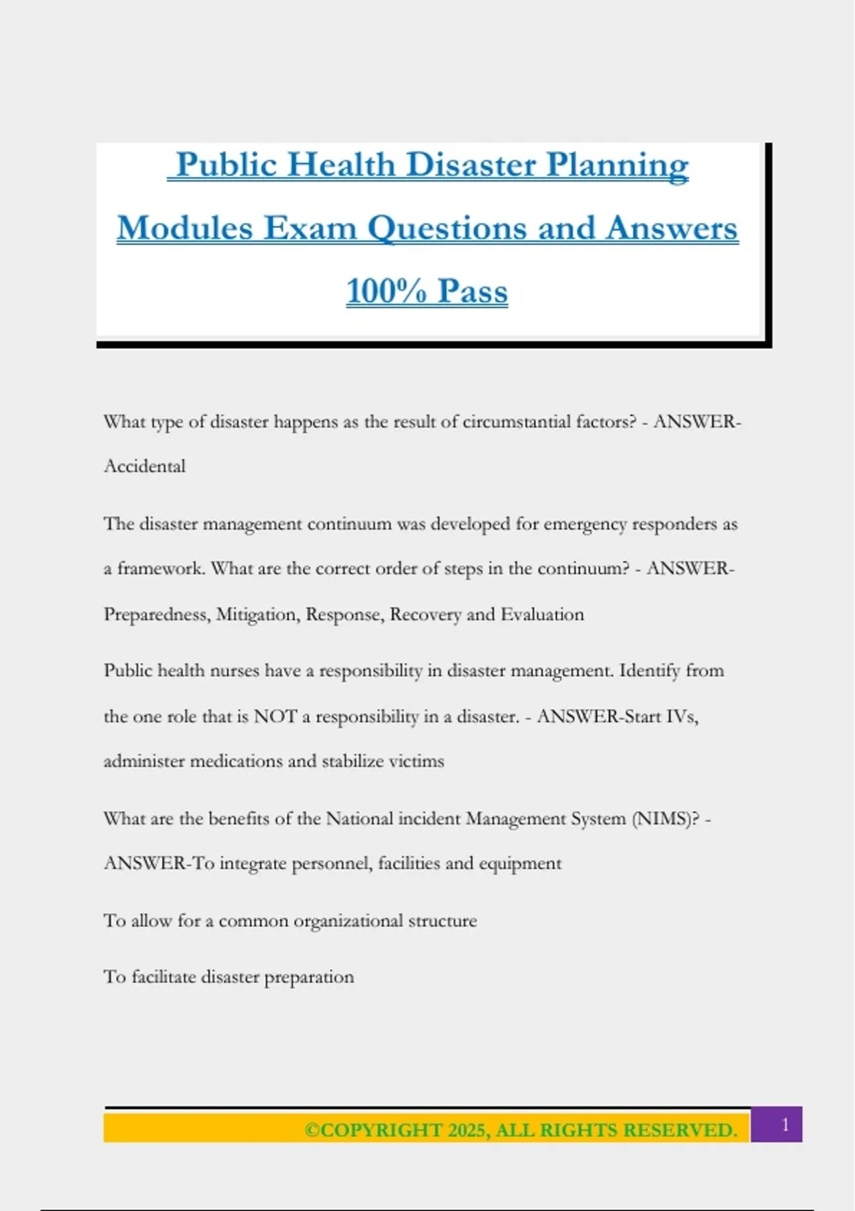 Public Health Disaster Planning Modules Exam Questions and Answers 100% ...