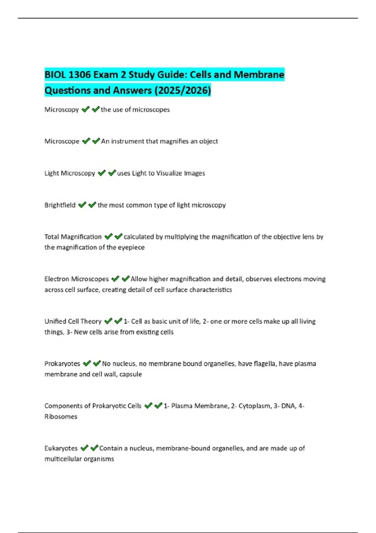 BIOL 1306 Exam 2 Study Guide: Cells and Membrane Questions and Answers ...