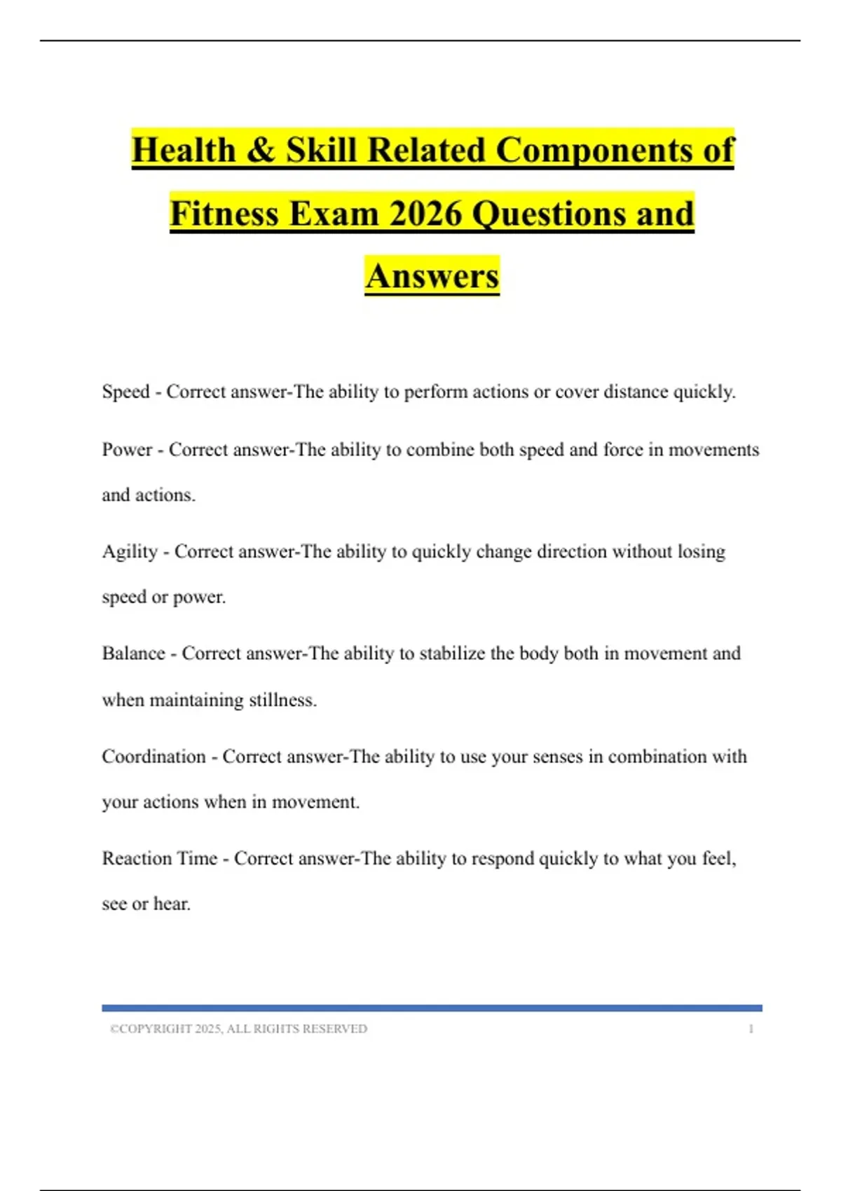 Health & Skill Related Components of Fitness Exam 2026 Questions and ...