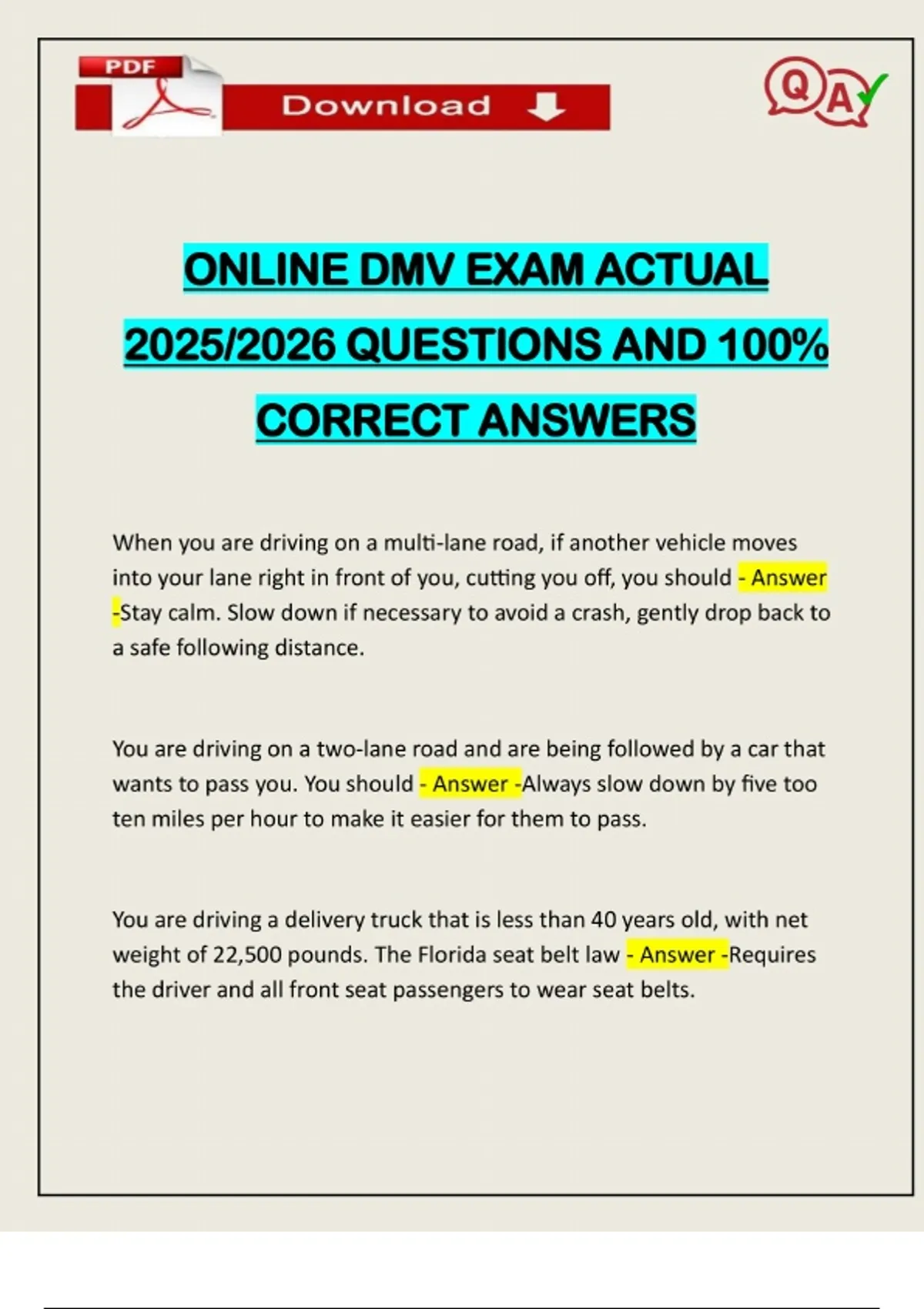 ONLINE DMV EXAM ACTUAL 2025/2026 QUESTIONS AND 100% CORRECT ANSWERS ...