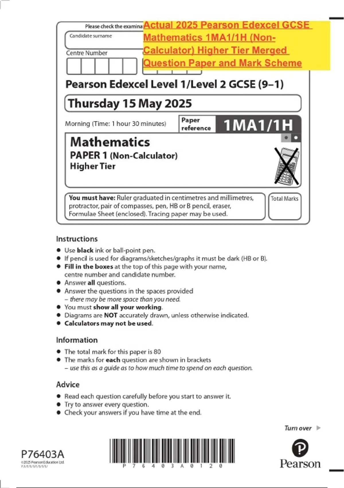 Actual 2025 Pearson Edexcel GCSE Mathematics 1MA1/1H (Non Calculator ...