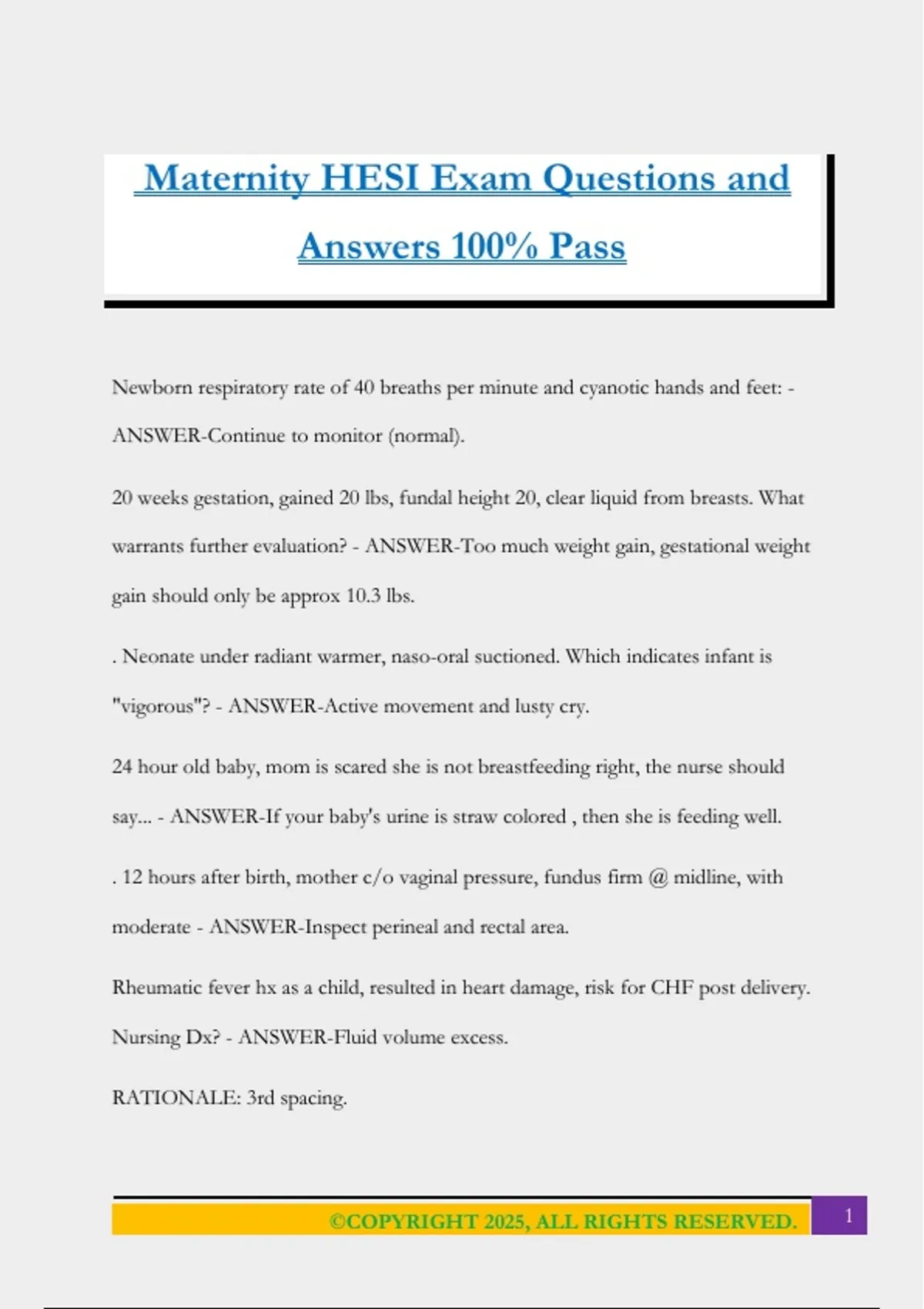 Maternity HESI Exam Questions and Answers 100% Pass - OB HESI - Stuvia US