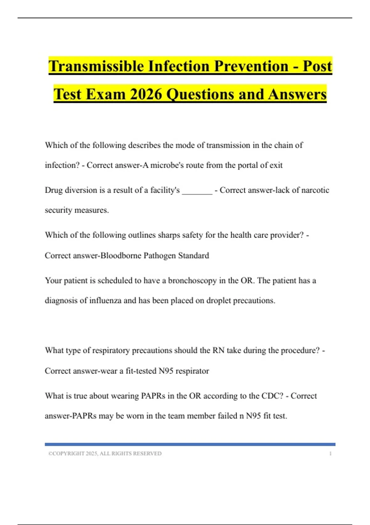 Transmissible Infection Prevention - Post Test Exam 2026 Questions and ...