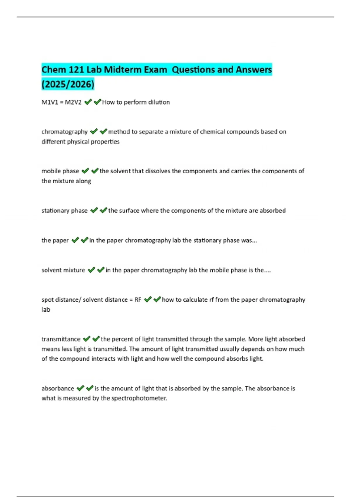 Chem 121 Lab Midterm Exam Questions and Answers (2025/2026) - CHEM 121 ...