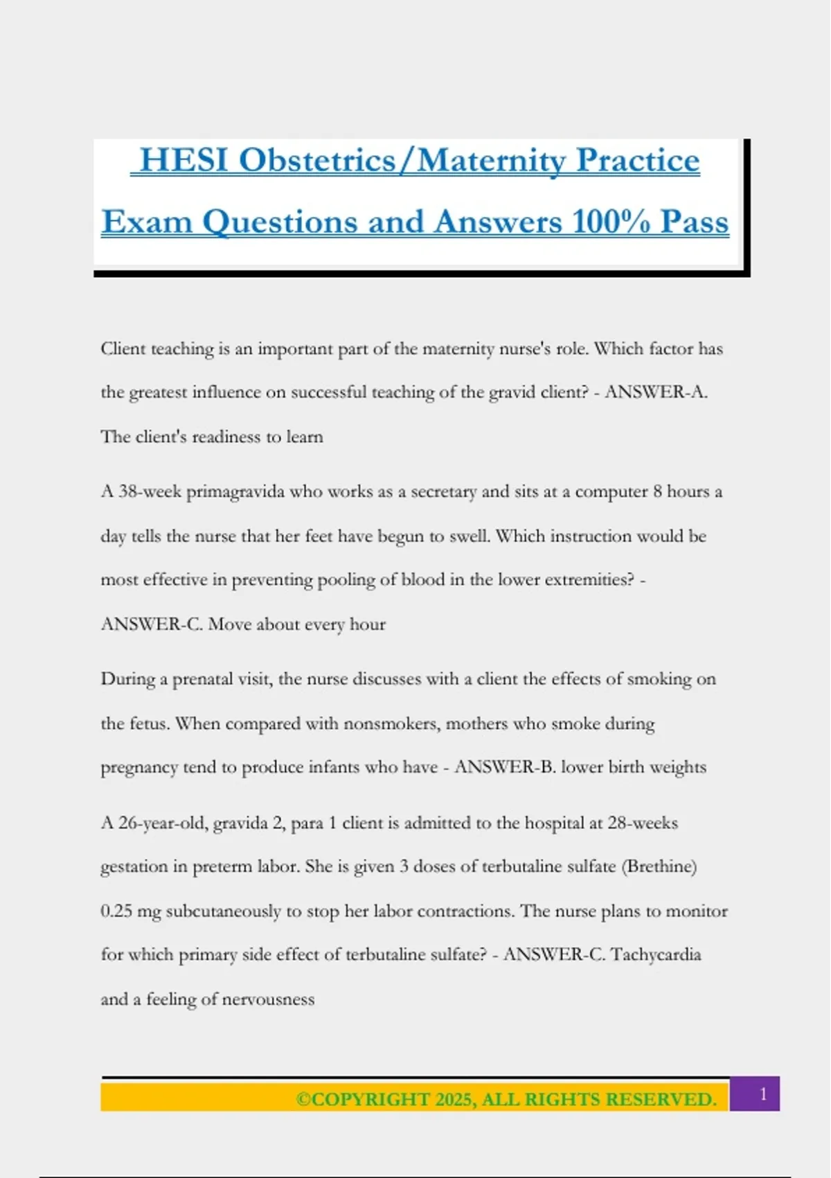 HESI Obstetrics/Maternity Practice Exam Questions and Answers 100% Pass ...