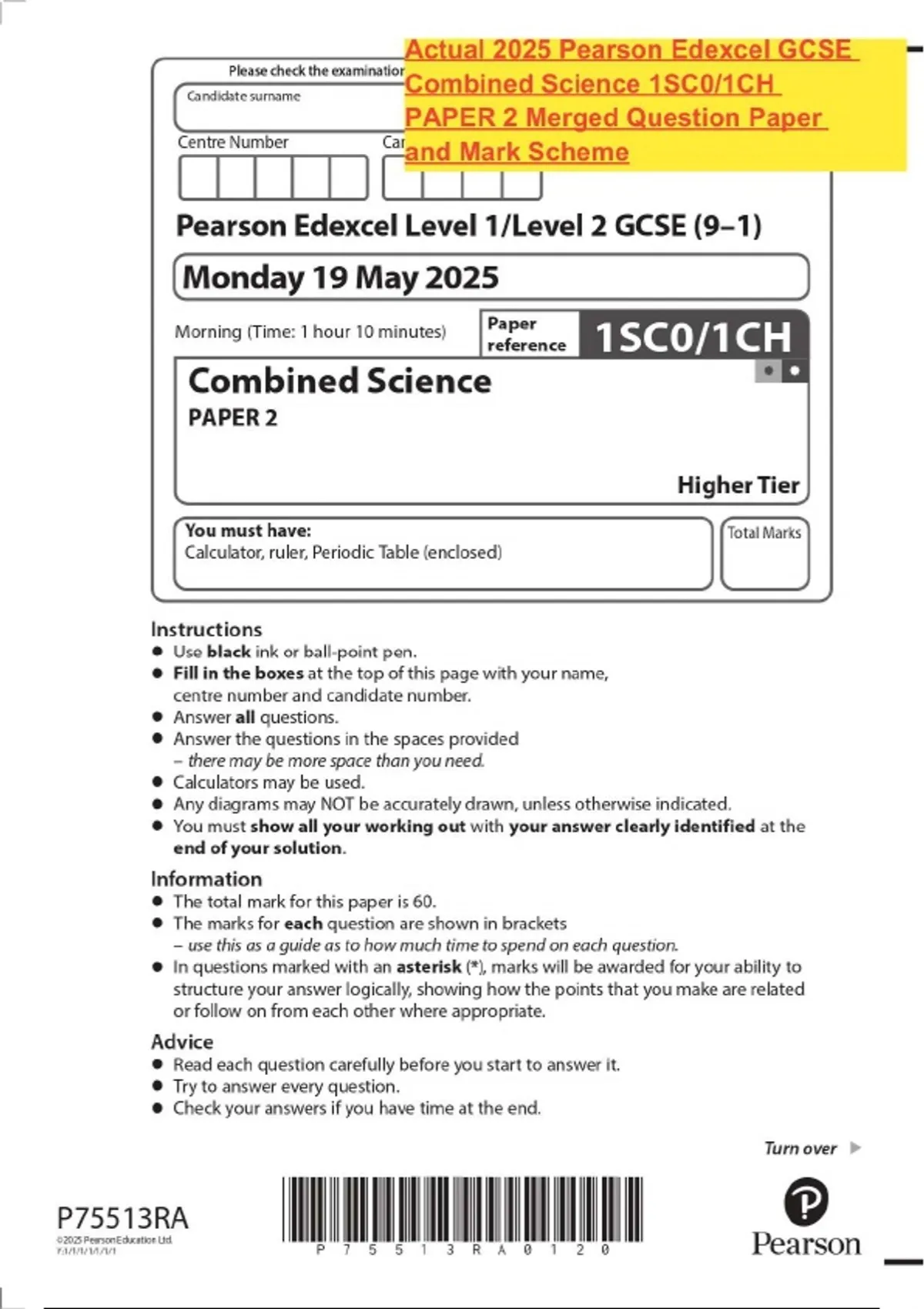 Actual 2025 Pearson Edexcel GCSE Combined Science 1SC0/1CH PAPER 2 ...
