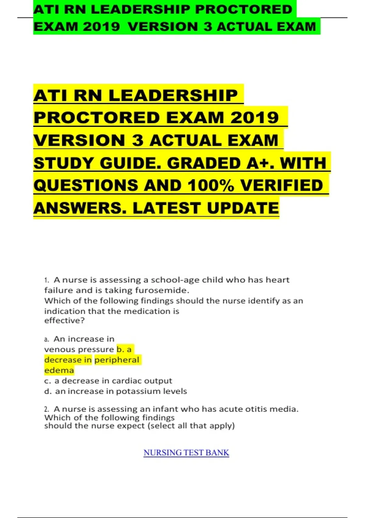 ATI RN LEADERSHIP PROCTORED EXAM 2019 VERSION 3 ACTUAL EXAM ATI RN ...