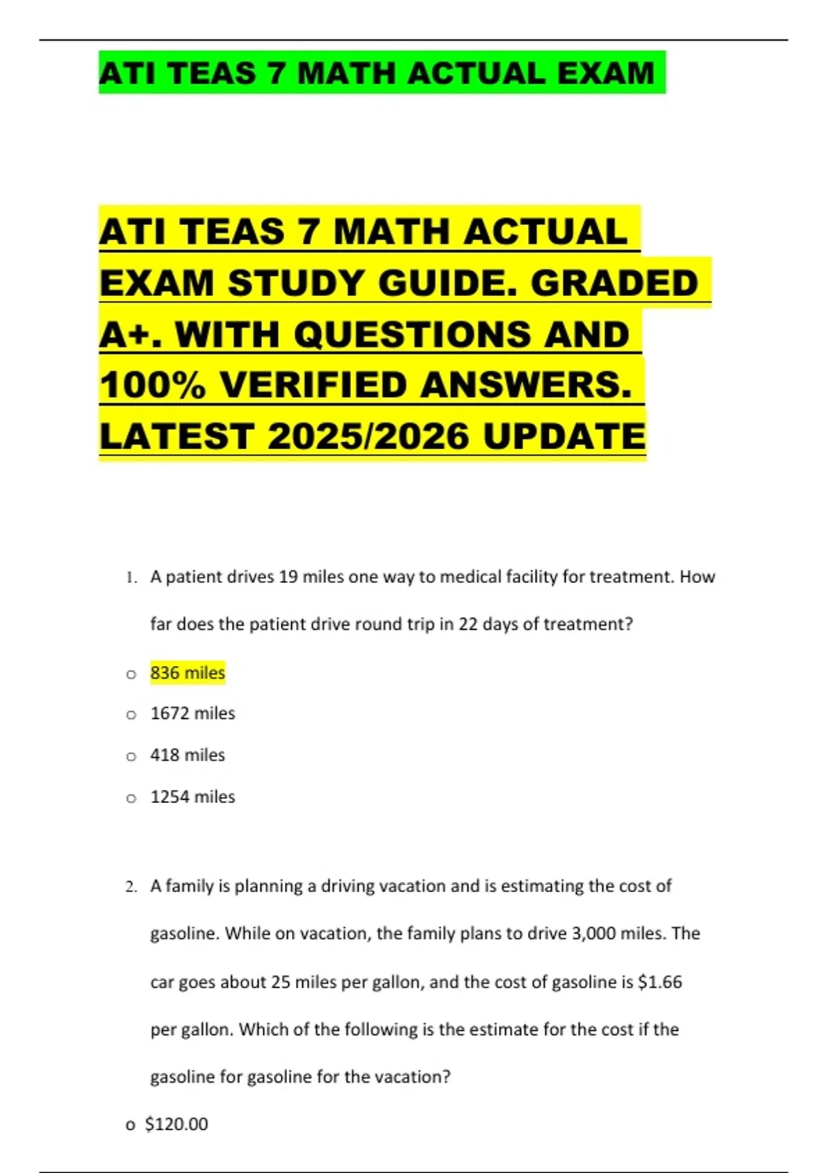 ATI TEAS 7 MATH ACTUAL EXAM ATI TEAS 7 MATH ACTUAL EXAM STUDY GUIDE ...