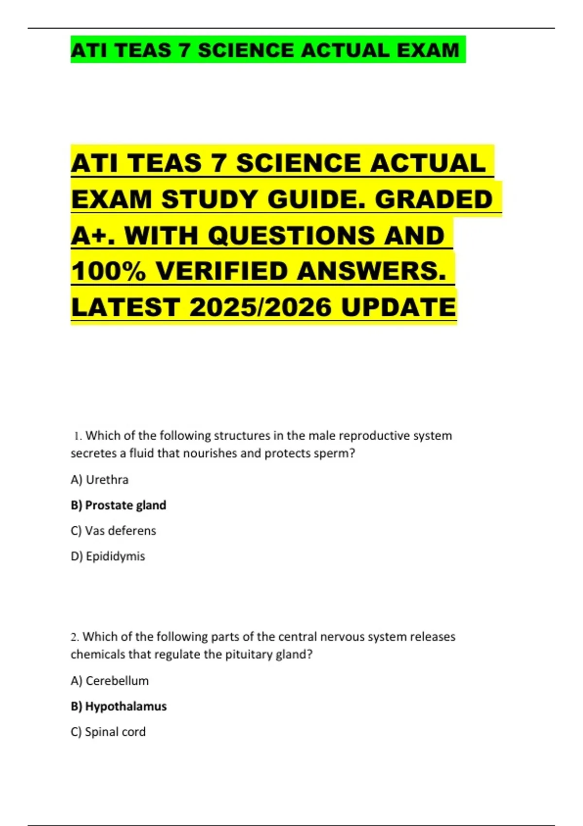 ATI TEAS 7 SCIENCE ACTUAL EXAM ATI TEAS 7 SCIENCE ACTUAL EXAM STUDY ...