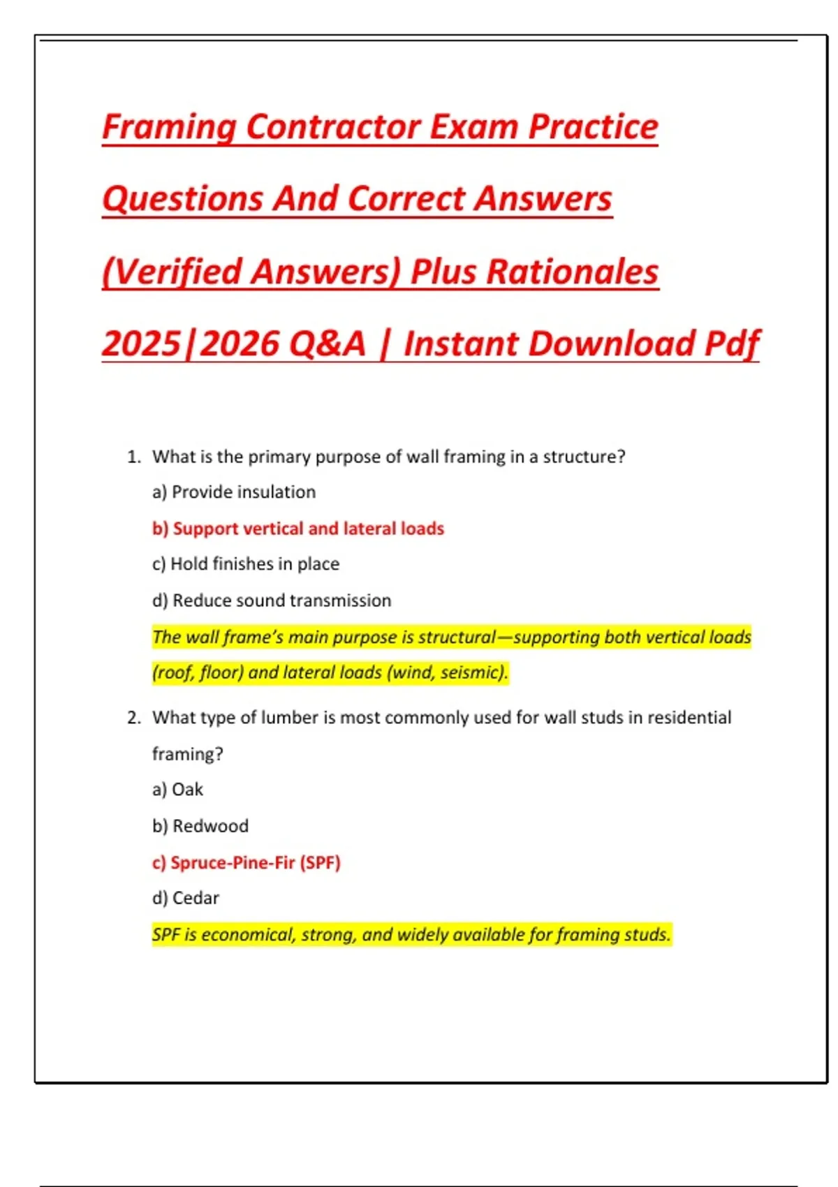 Framing Contractor Exam Practice Questions And Correct Answers ...
