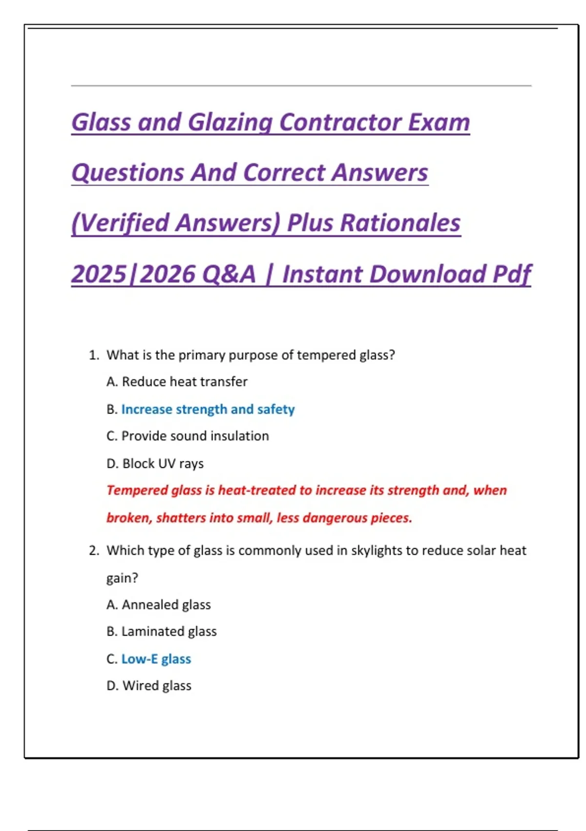 Glass and Glazing Contractor Exam Questions And Correct Answers ...