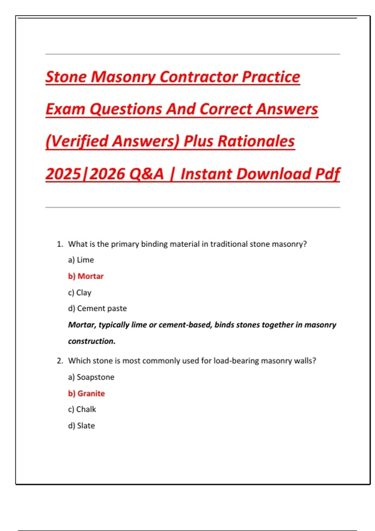 Stone Masonry Contractor Practice Exam Questions And Correct Answers ...