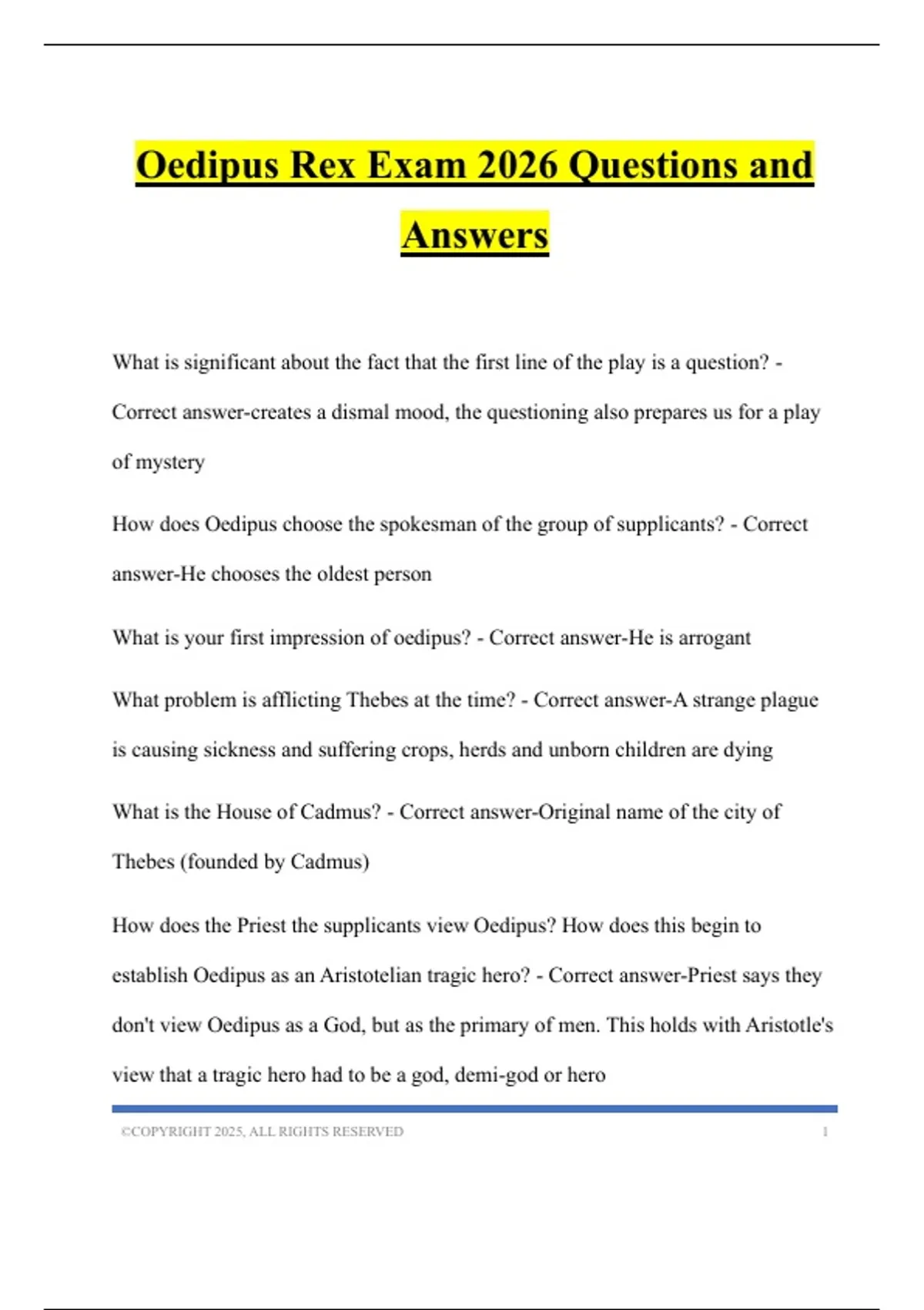 Oedipus the king Bundled Tests 2026 Questions and Answers - Stuvia US