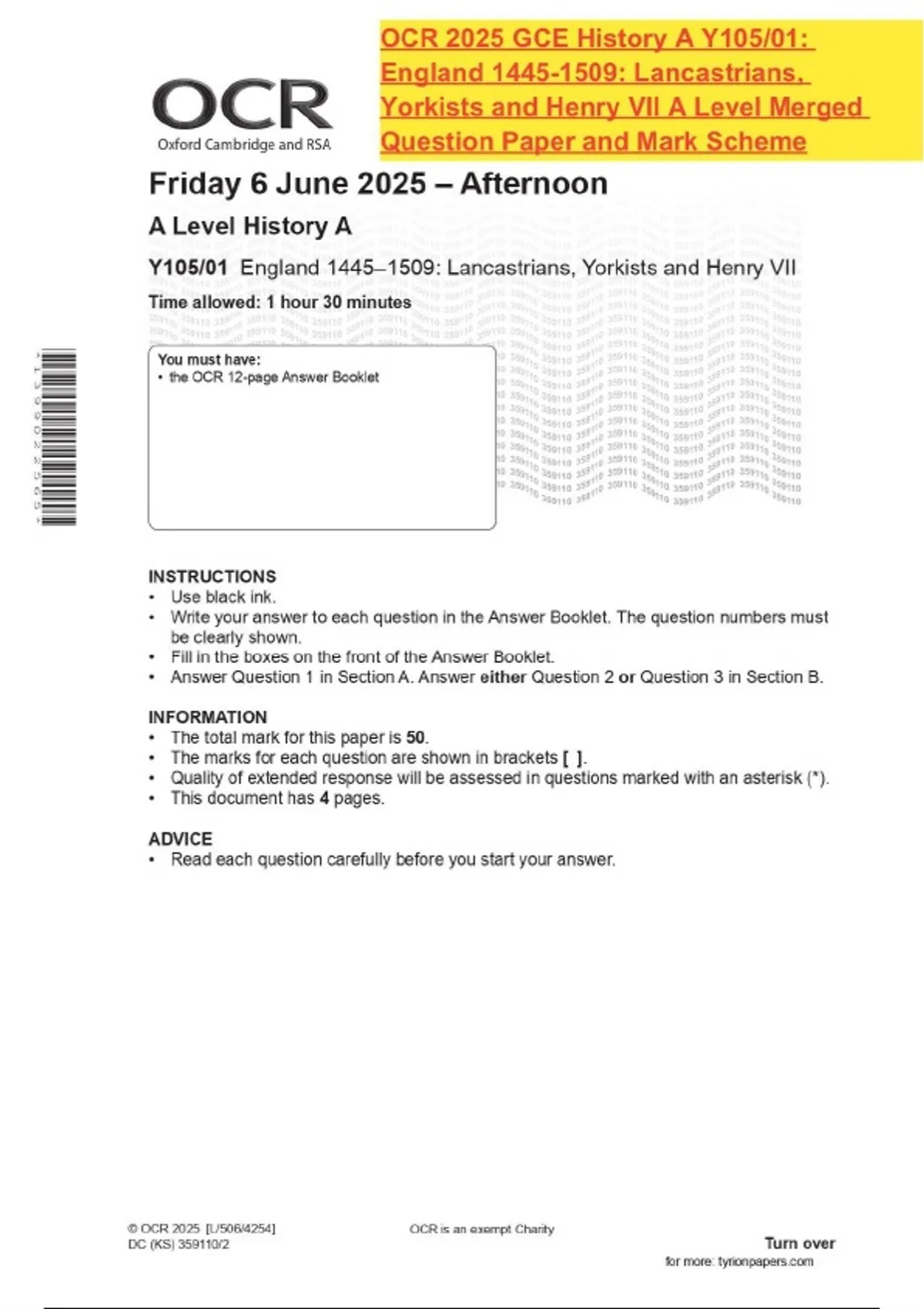 OCR 2025 GCE History A Y105/01: England : Lancastrians, Yorkists and ...