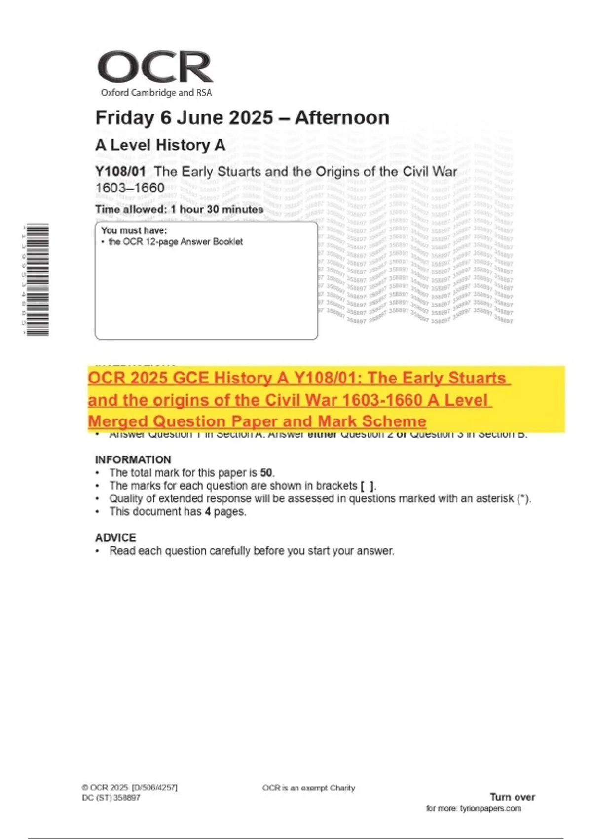 OCR 2025 GCE History A Y108/01: The Early Stuarts and the origins of the Civil War A Level ...