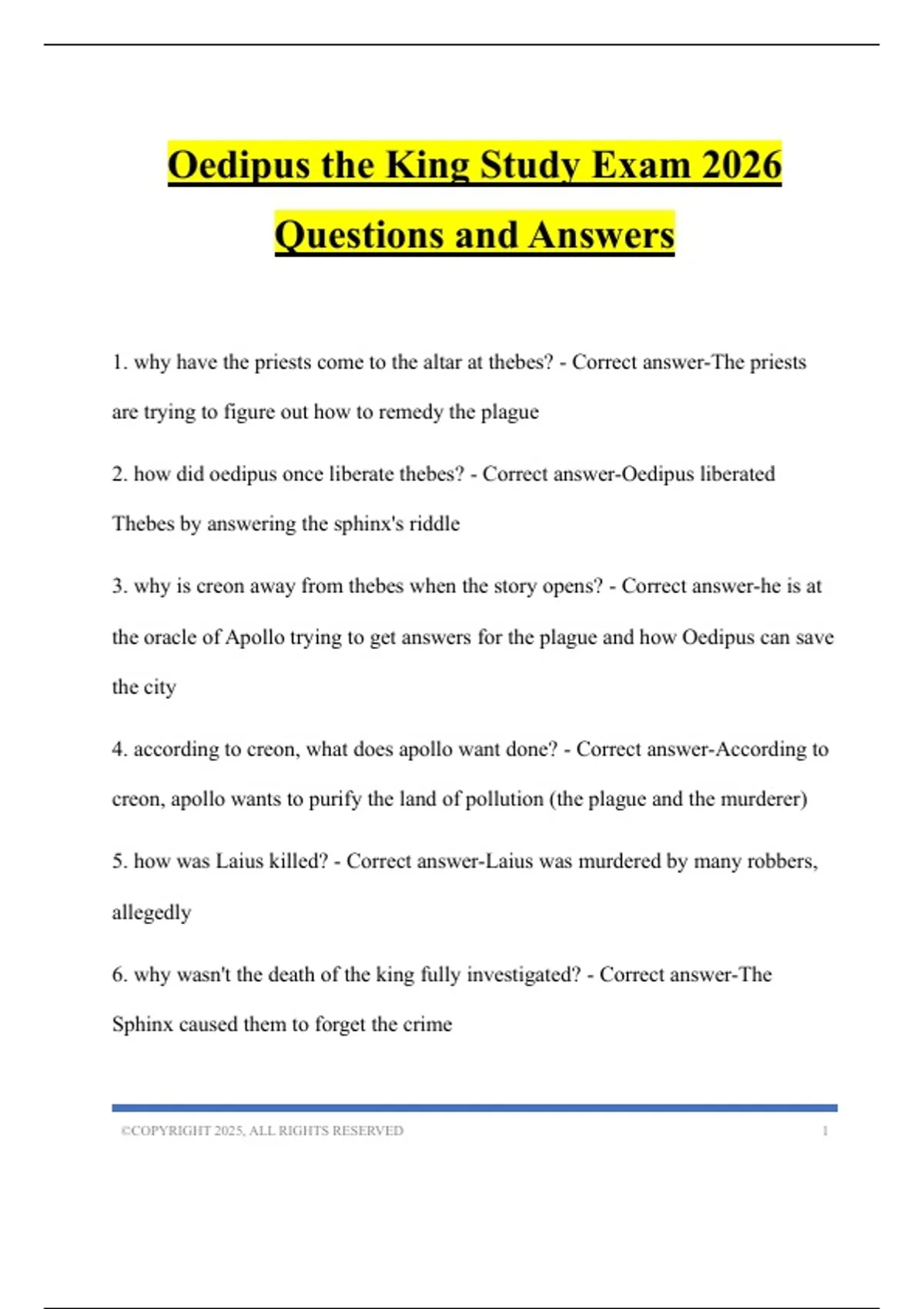Oedipus the King Study Exam 2026 Questions and Answers - Oedipus the ...