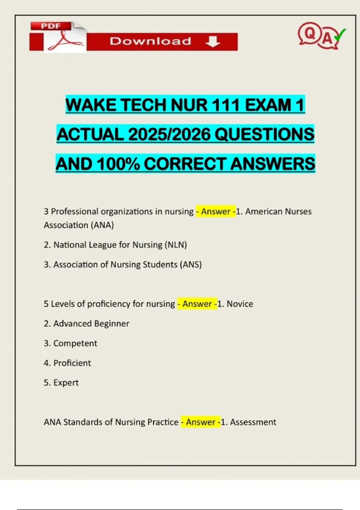 WAKE TECH NUR 111 EXAM 1 ACTUAL 2025/2026 QUESTIONS AND 100% CORRECT ...