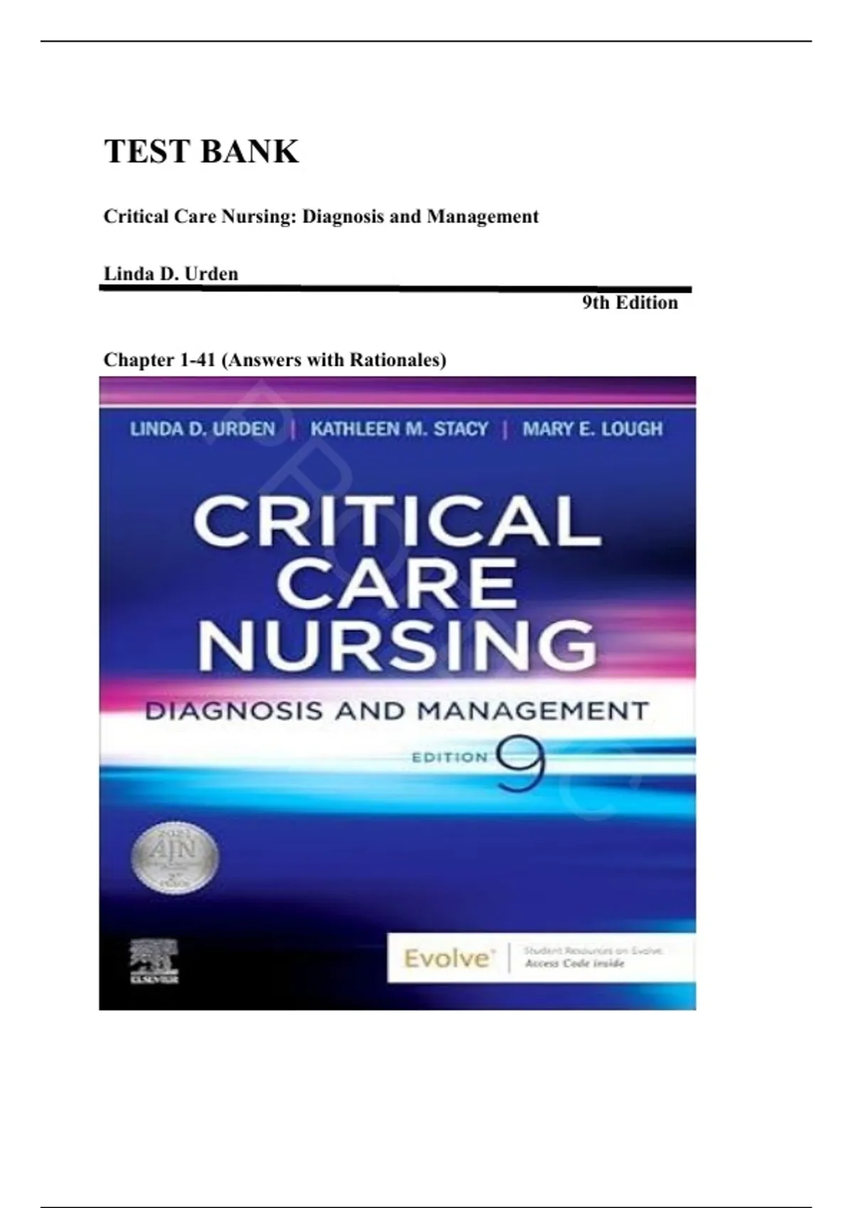 TEST BANK FOR Critical Care Nursing: Diagnosis and Management 9th ...
