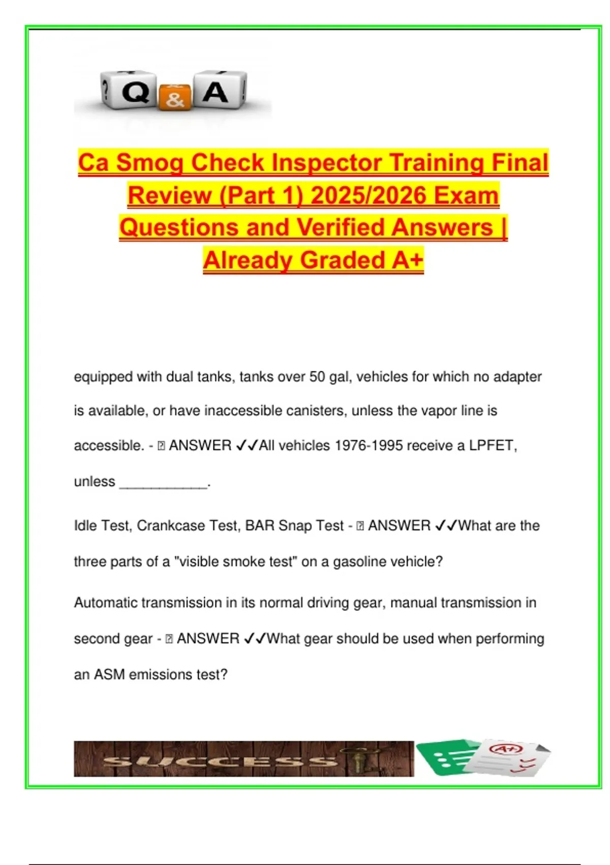 California Smog Check Inspector Final Exam 2025/2026 – 100+ Questions ...