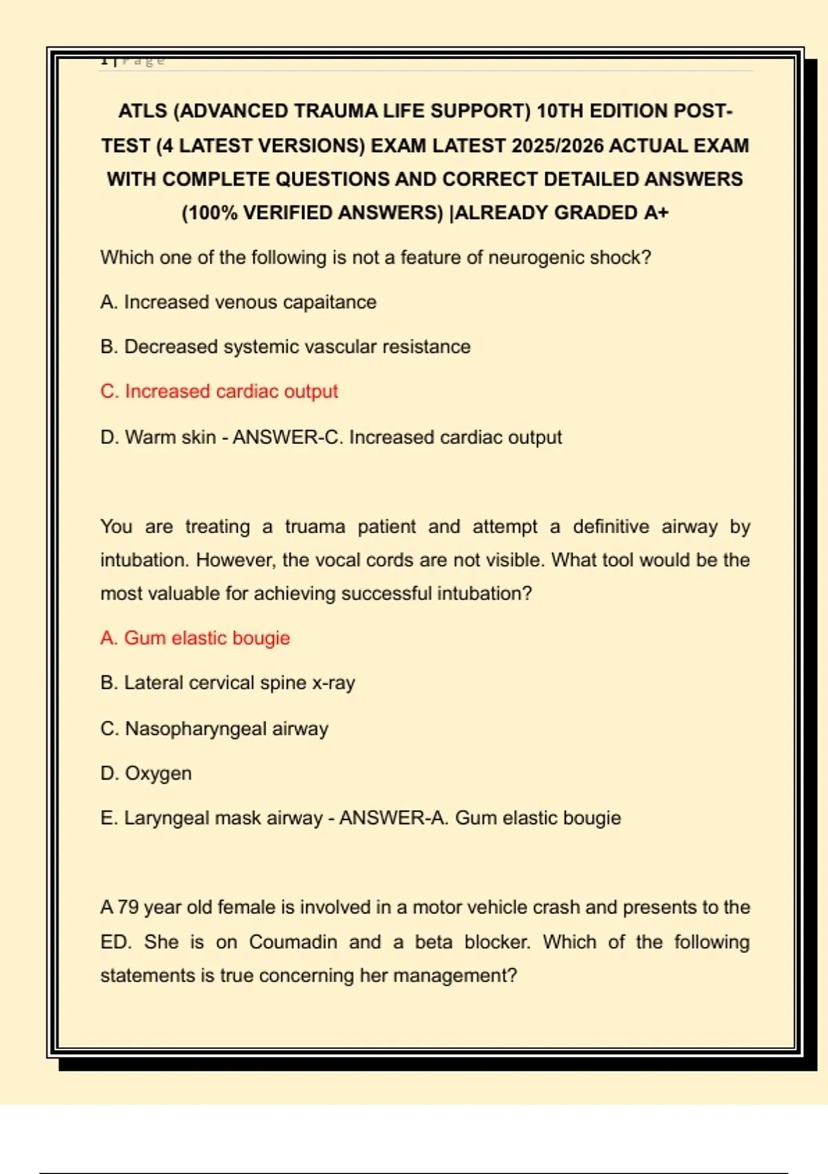 ATLS 10th Edition Post Test (4 Latest Versions, 2025/2026) – Complete ...