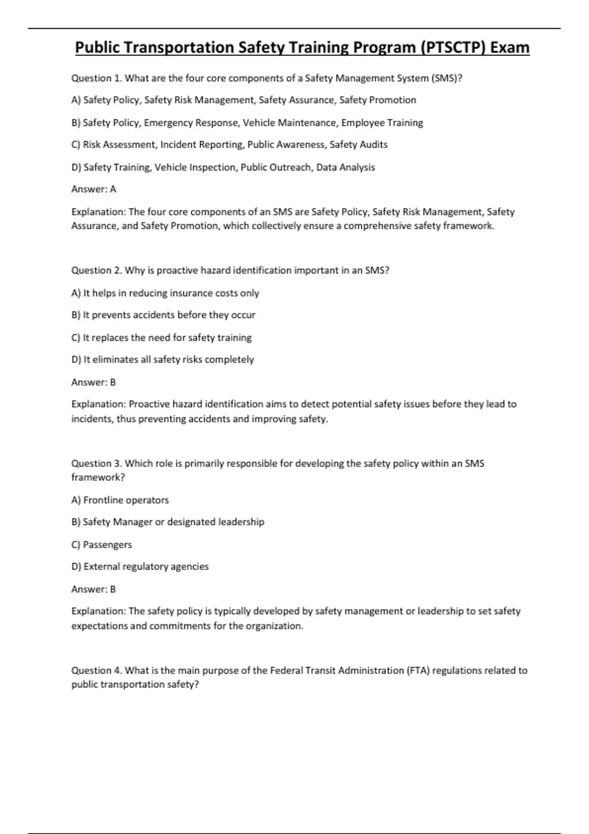 Public Transportation Safety Training Program (PTSCTP) Exam - Computer ...