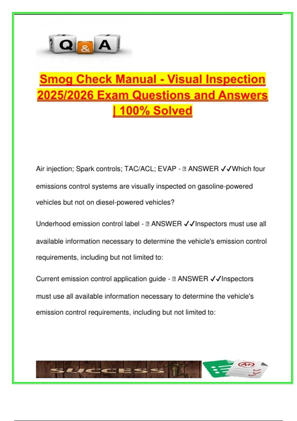 Smog Check Visual Inspection Manual – 2025/2026 | 100% Solved Q&A ...