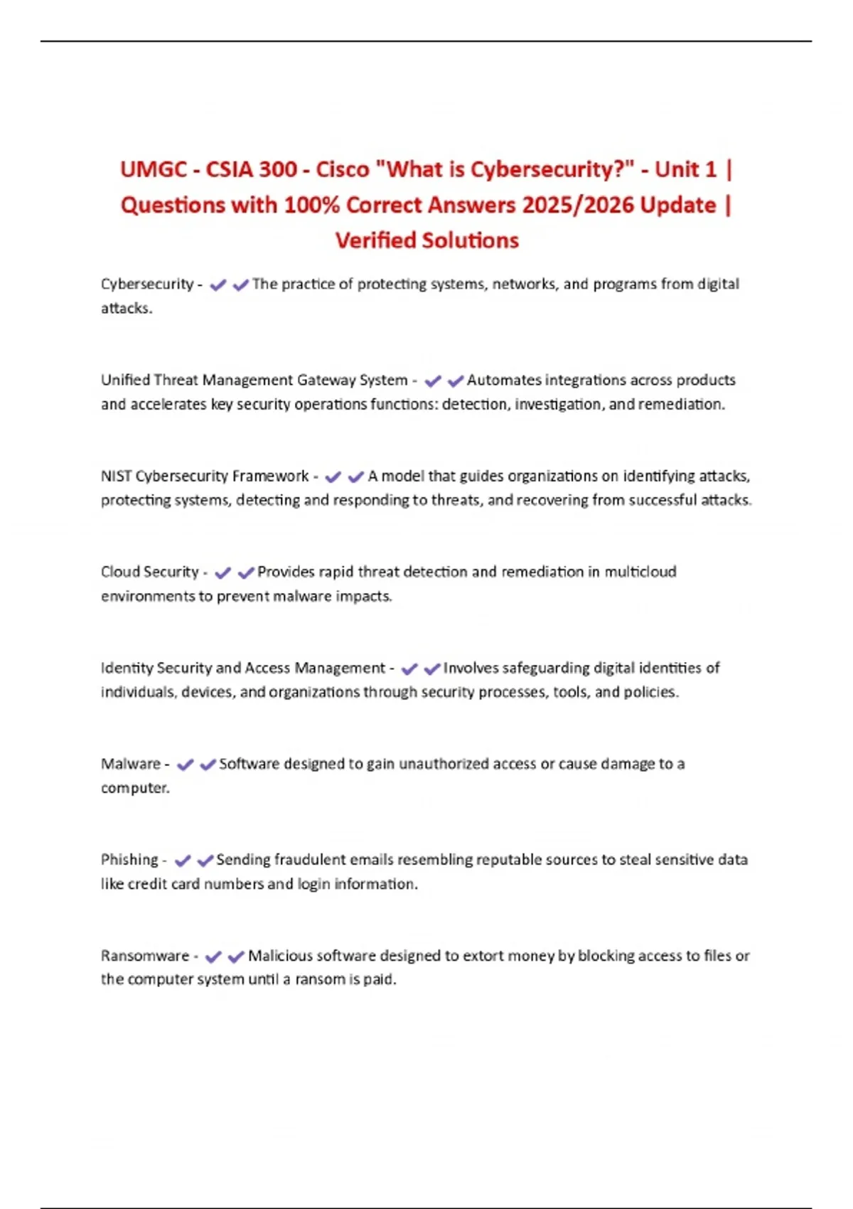 UMGC - CSIA 300 - Cisco "What is Cybersecurity?" - Unit 1 | Questions ...