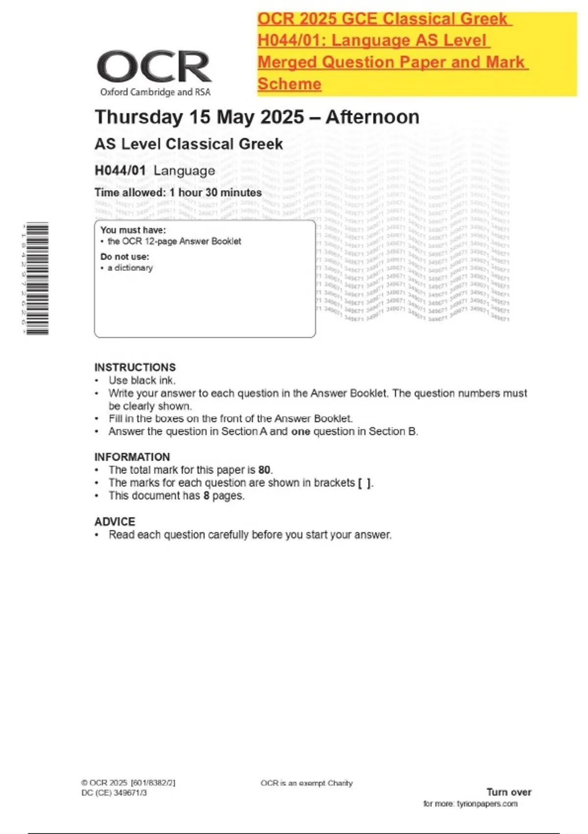 OCR 2025 GCE Classical Greek H044/01: Language AS Level Merged Question Paper and Mark Scheme ...