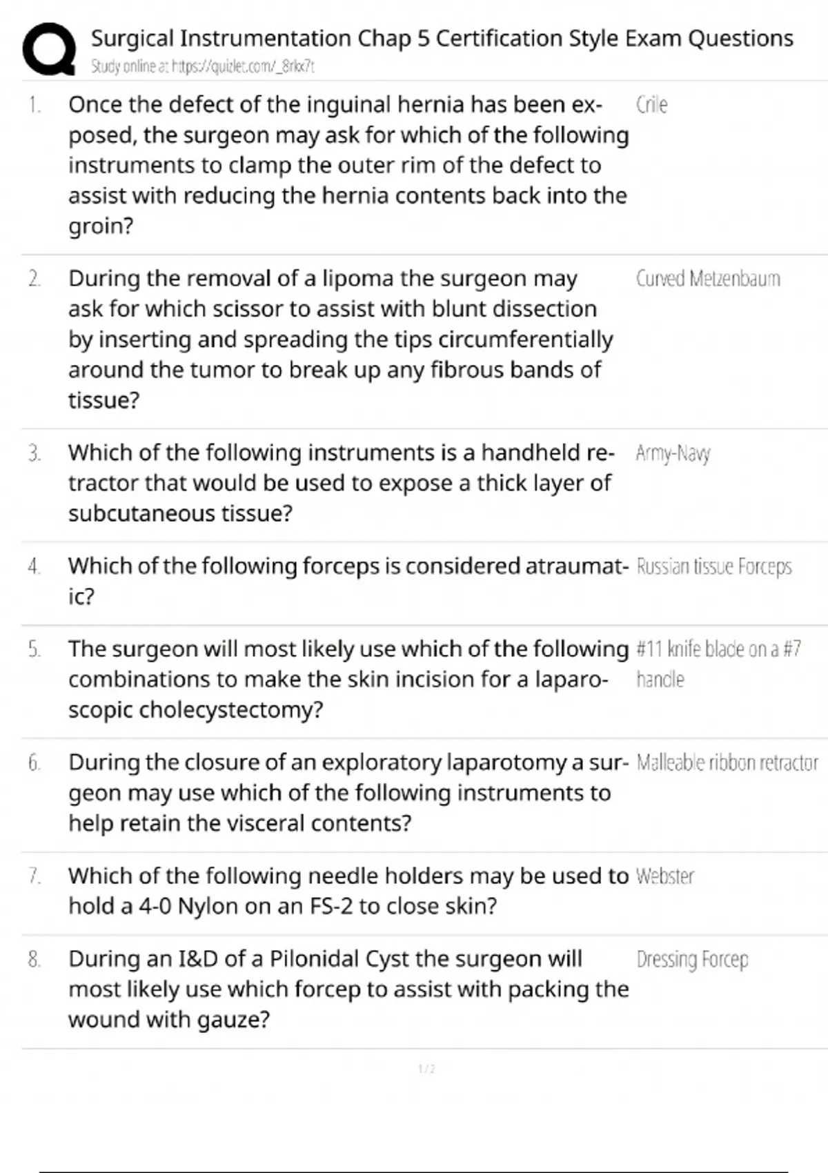 Surgical Instrumentation Chap 5 Test Bank / Certification Exam Prep ...