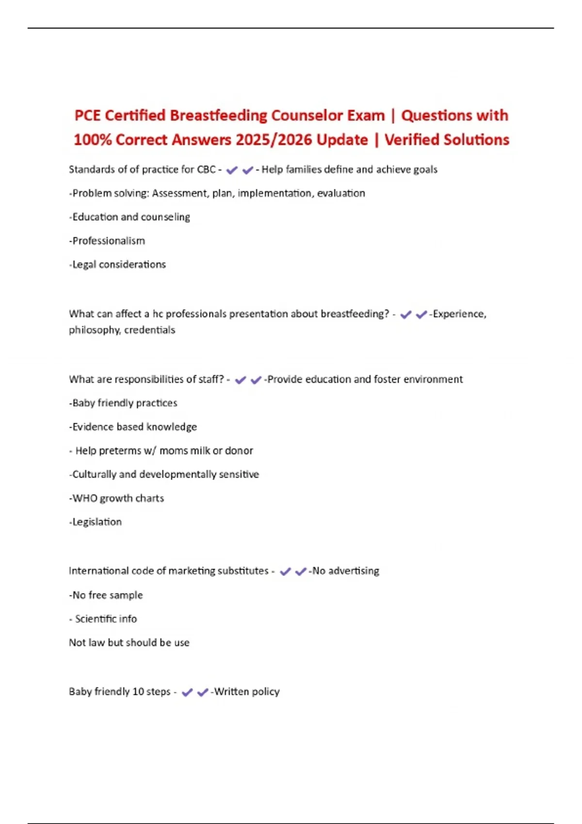 PCE Certified Breastfeeding Counselor Exam | Questions with 100% ...