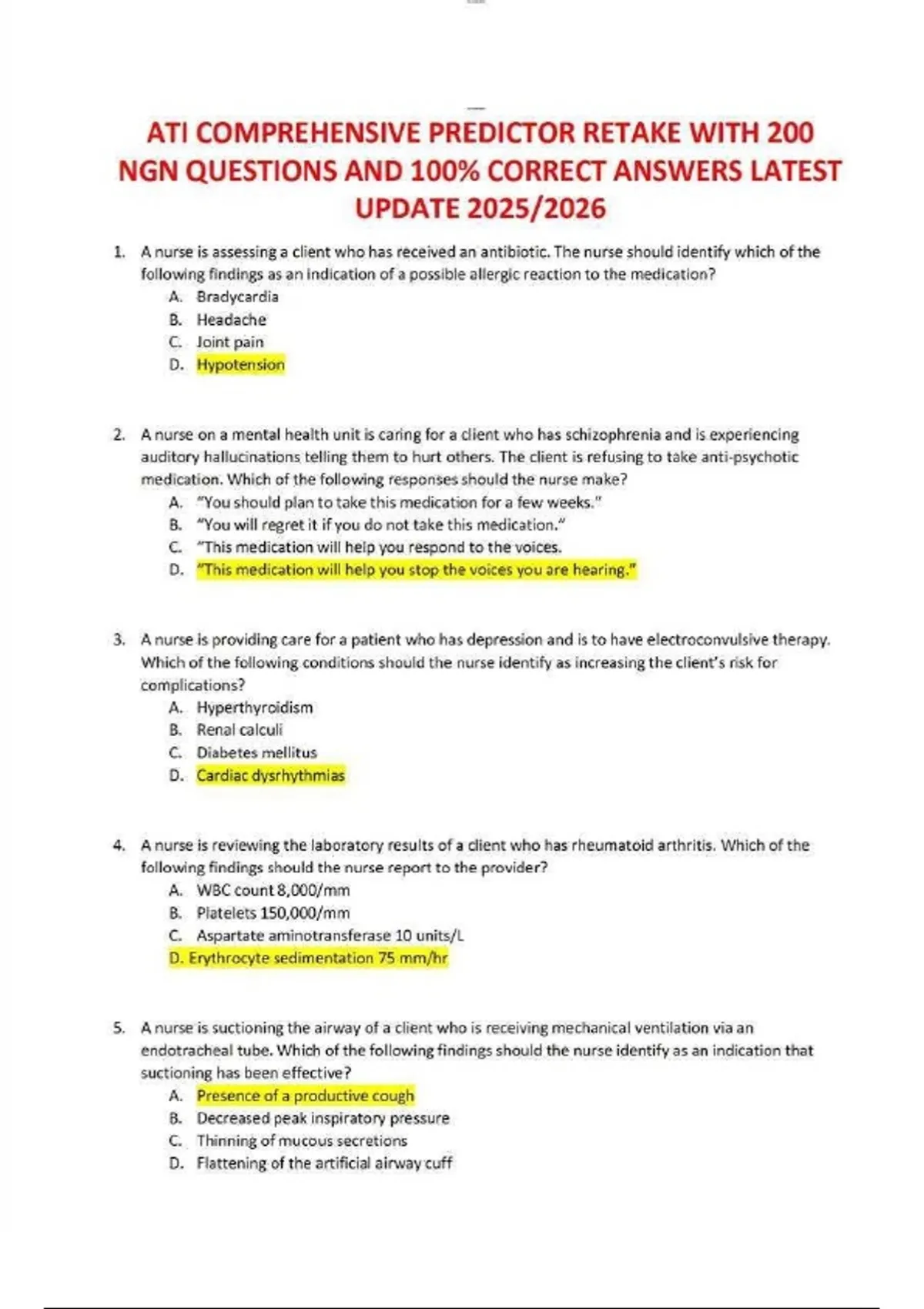 ATI COMPREHENSIVE PREDICTOR RETAKE WITH 200 NGN QUESTIONS AND 100% ...