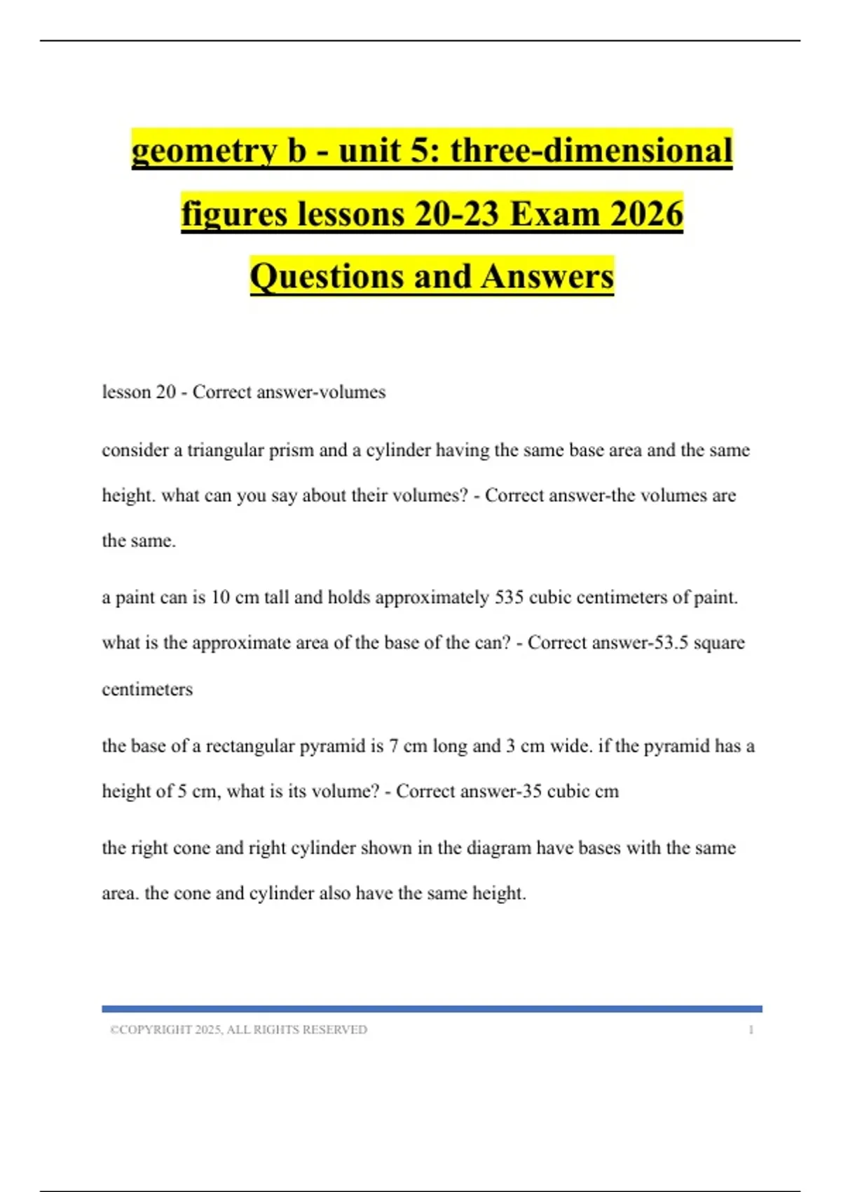 geometry b - unit 5: three-dimensional figures lessons 20-23 Exam 2026 ...