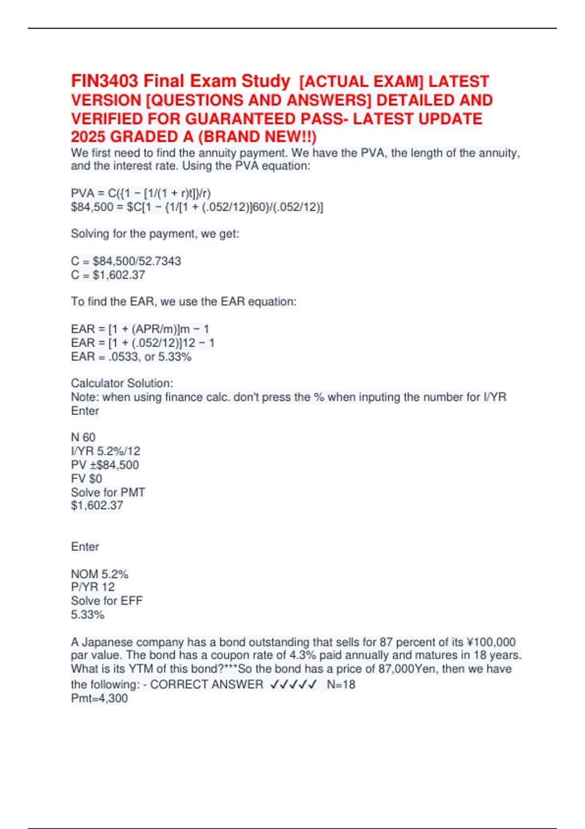 FIN3403 Final Exam Study -ACTUAL EXAM- LATEST VERSION -QUESTIONS AND ...