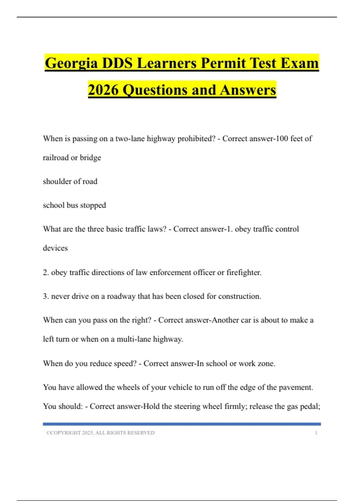 Georgia DDS Learners Permit Test Exam 2026 Questions and Answers ...