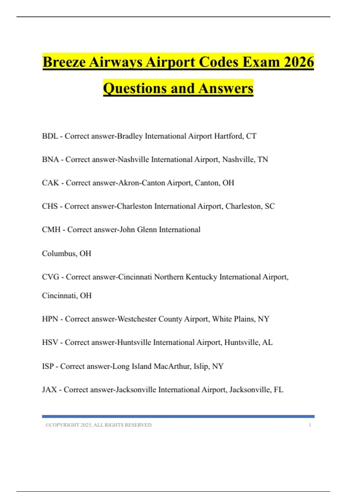 Breeze Airways Airport Codes Exam 2026 Questions and Answers - Breeze ...