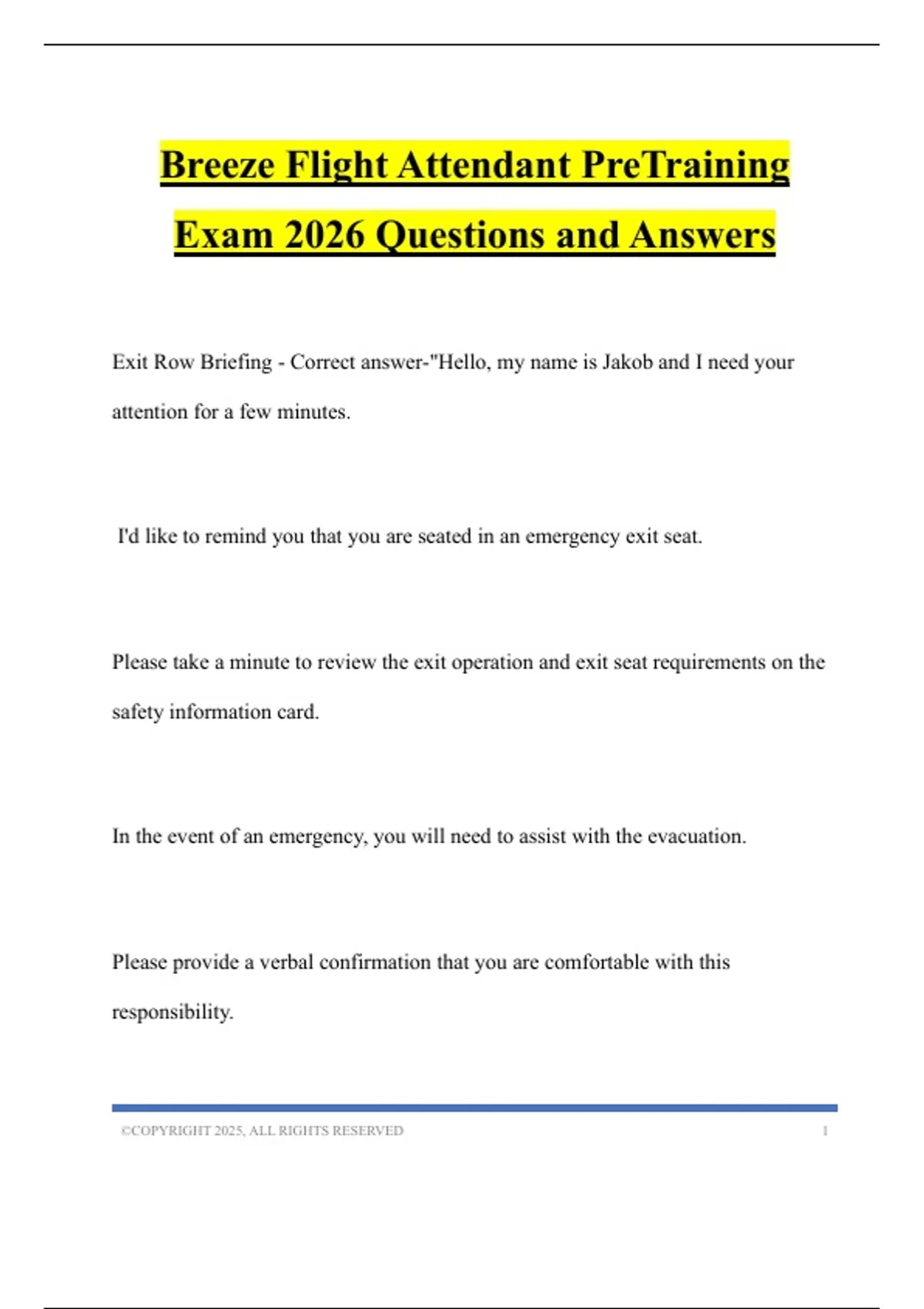 Breeze Flight Attendant PreTraining Exam 2026 Questions and Answers ...