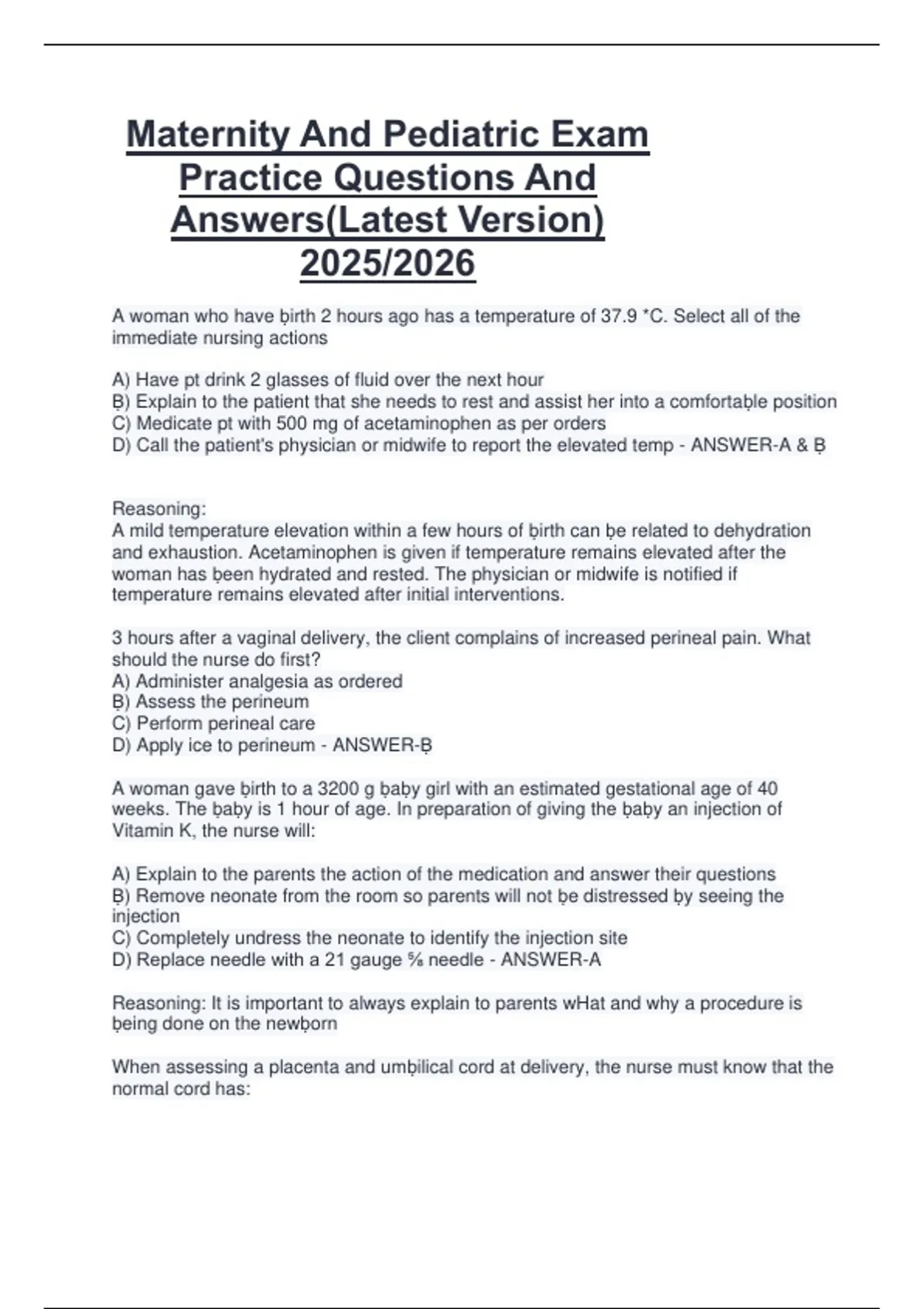 Maternity And Pediatric Exam Practice Questions And Answers(Latest ...