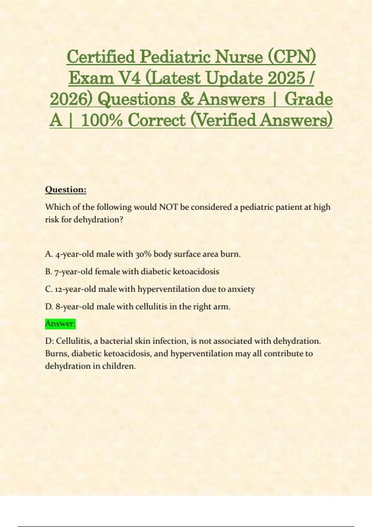 Certified Pediatric Nurse (CPN) Exam V4 (Latest Update 2025 / 2026 ...
