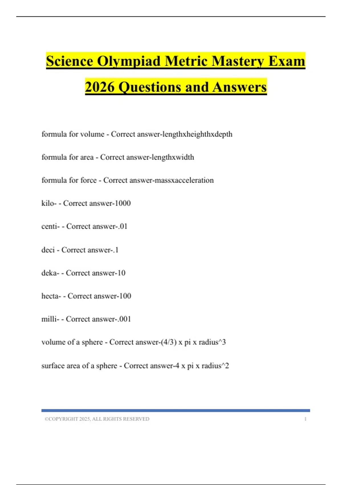 Science Olympiad Metric Mastery Exam 2026 Questions and Answers - Data ...