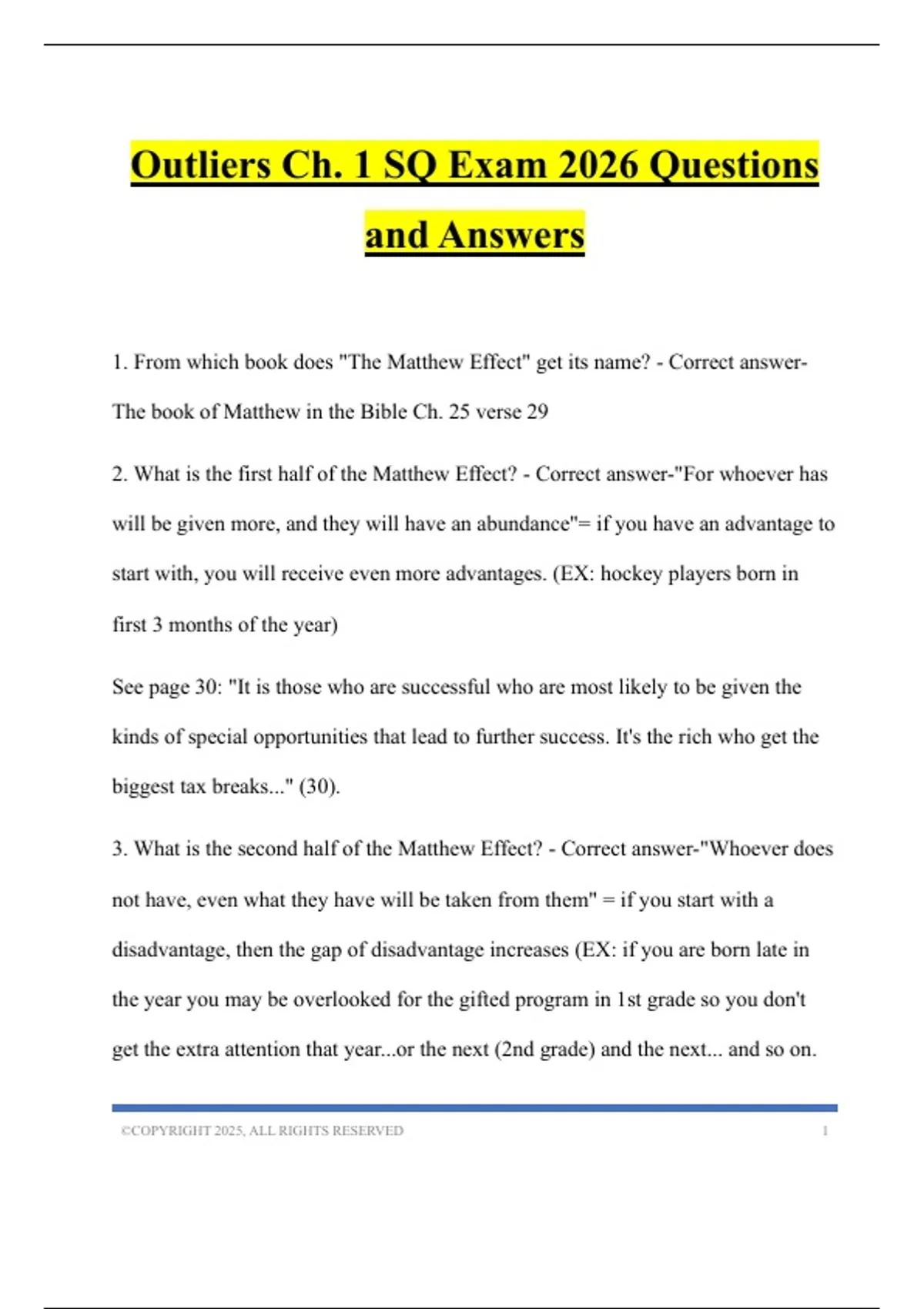 Outliers Ch. 1 SQ Exam 2026 Questions and Answers - The Outliers ...