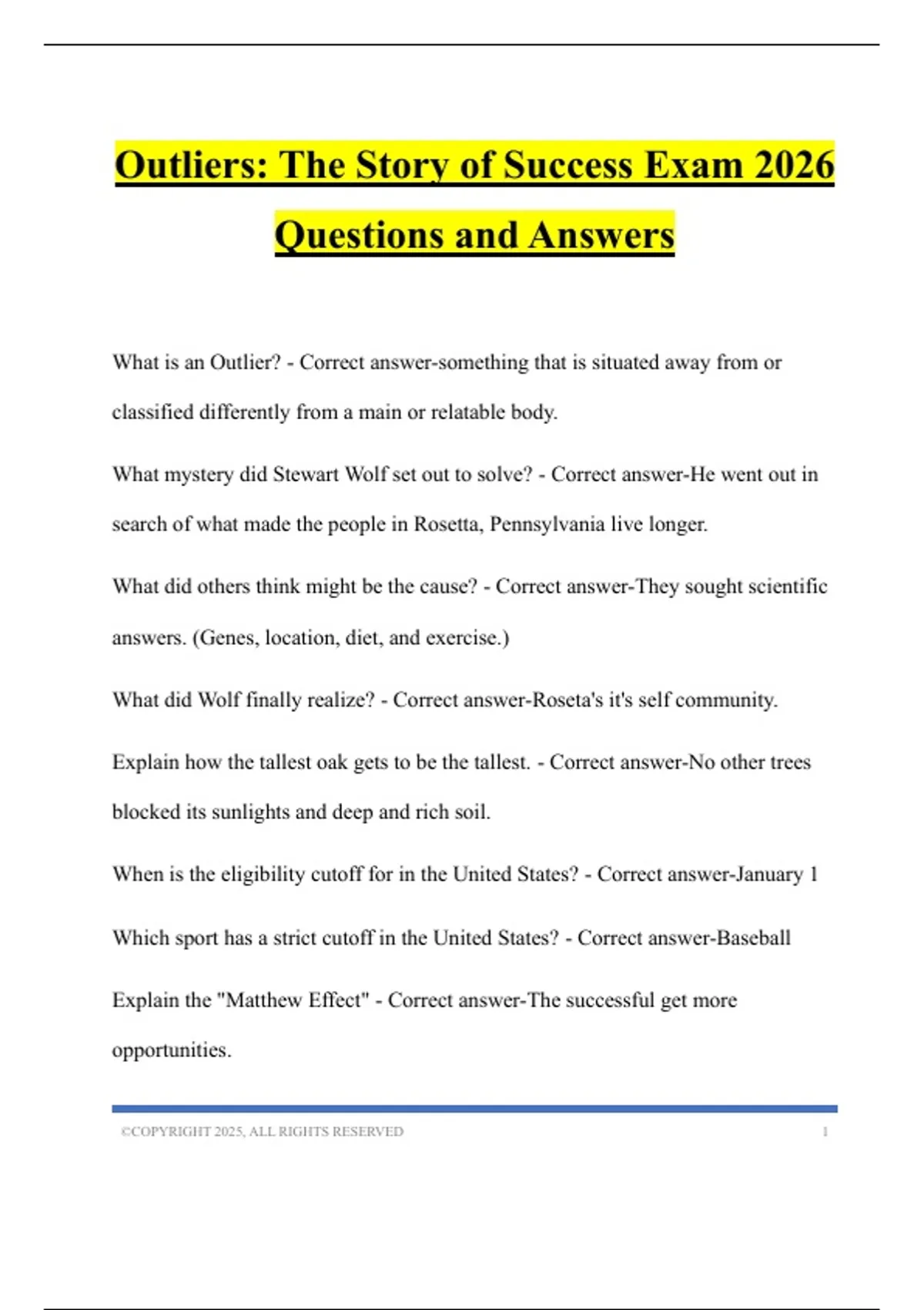 Outliers: The Story of Success Exam 2026 Questions and Answers - The ...