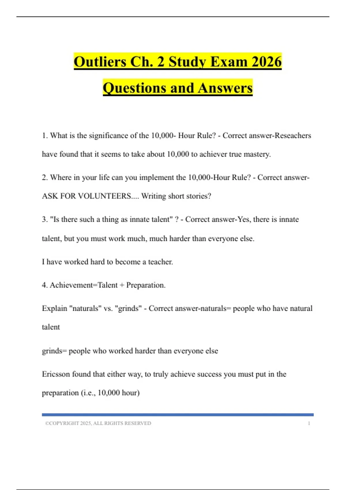 Outliers Ch. 2 Study Exam 2026 Questions and Answers - The Outliers ...